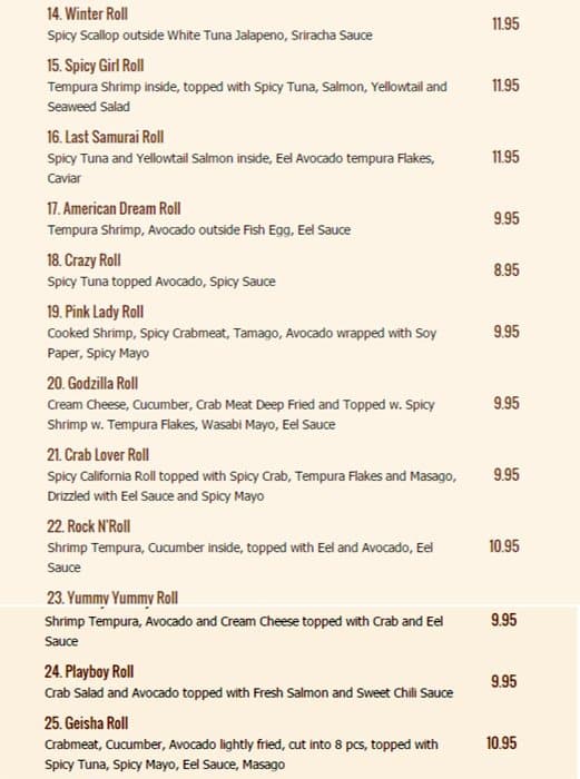 Menu at Ming Sushi restaurant, New Bedford