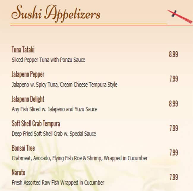 Menu at Ming Sushi restaurant, New Bedford
