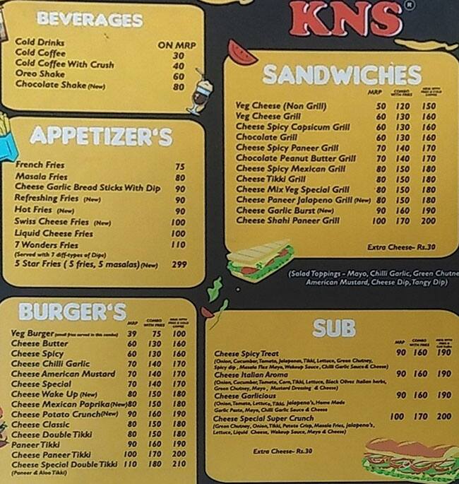 Menu at KNS, Pune, MQ7W+R3F