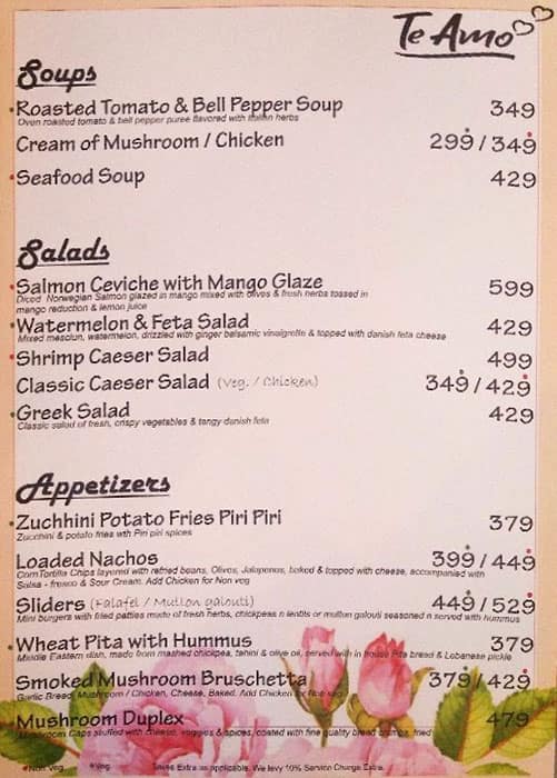 Menu of Te Amo, Sector 66, Gurgaon