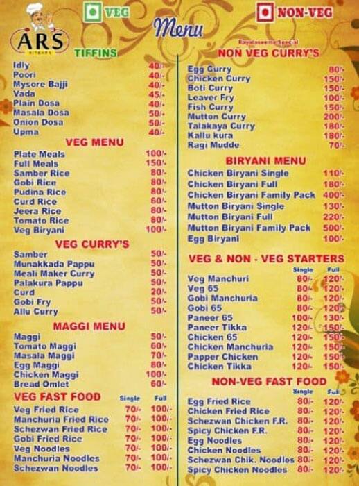 Menu of ARS Kitchen, Nallakunta, Hyderabad