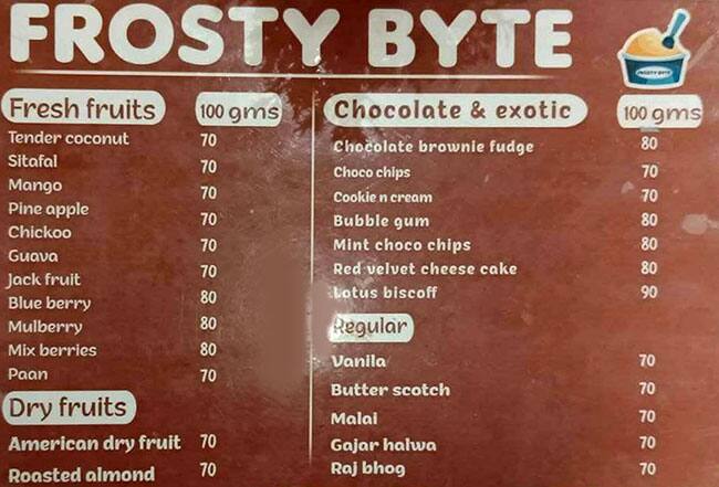 Menu of Frosty Byte, Habsiguda, Hyderabad