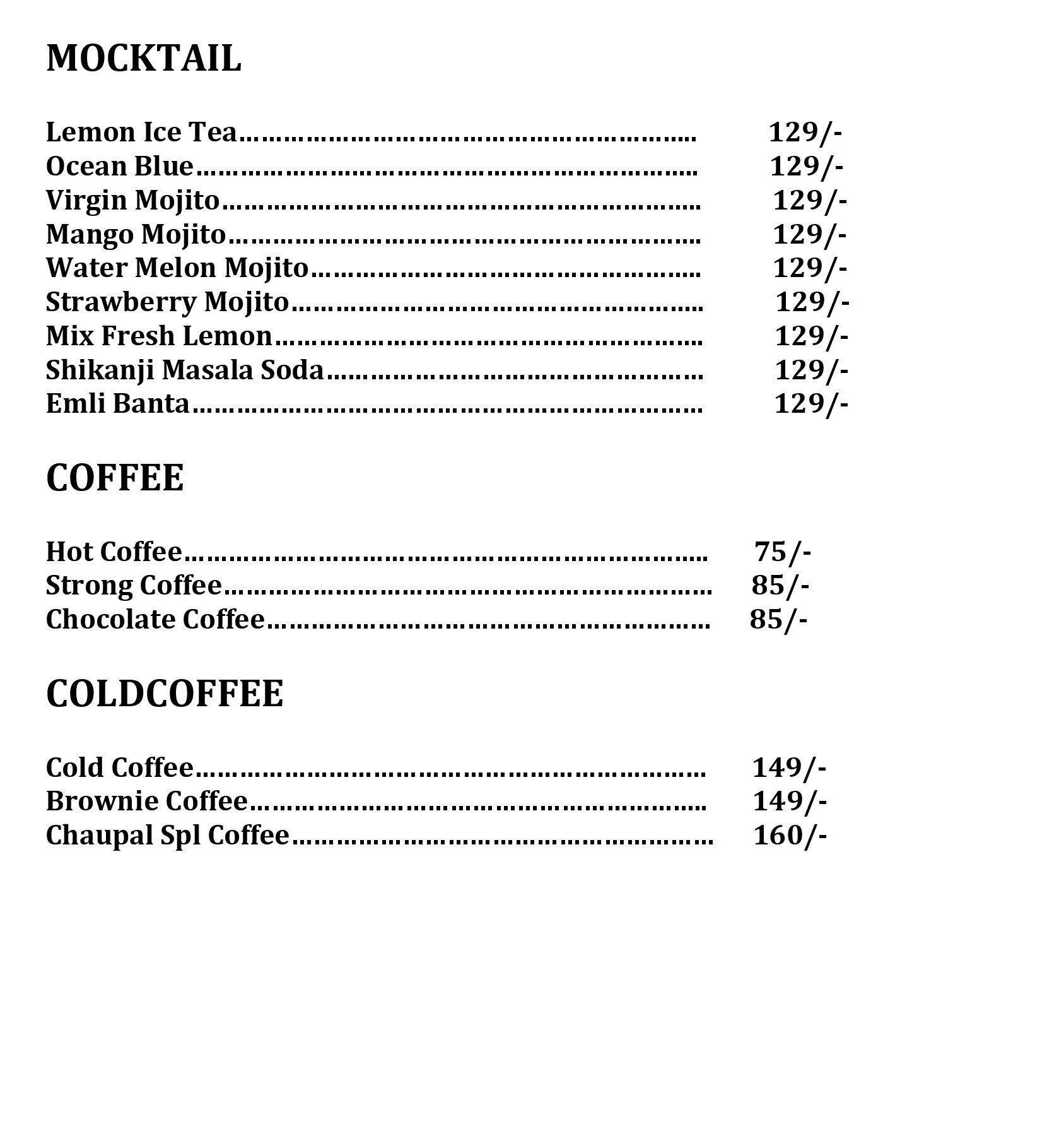 Menu of The Chai Chaupal, Vijay Nagar, New Delhi
