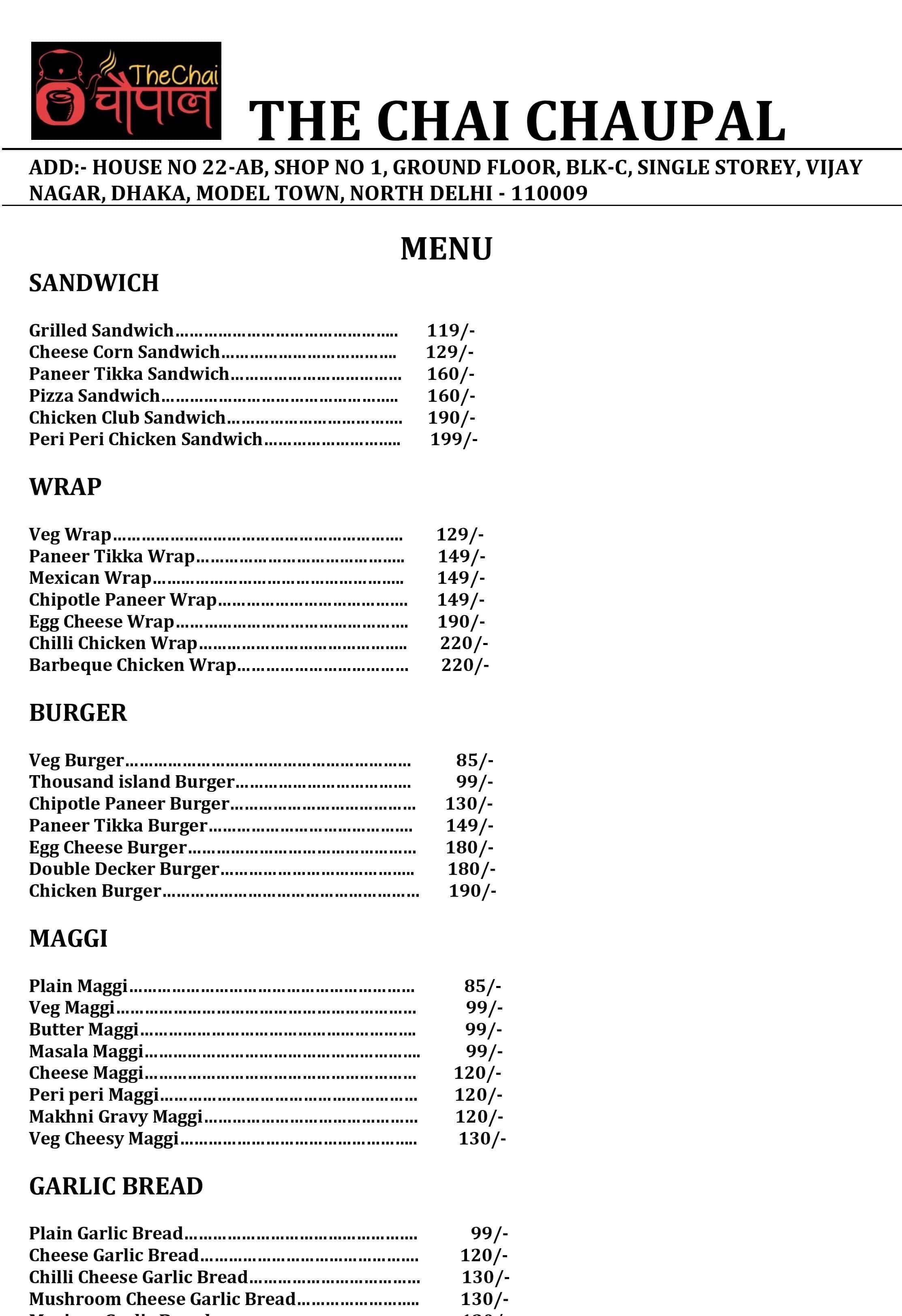 Menu at The Chai Chaupal, New Delhi