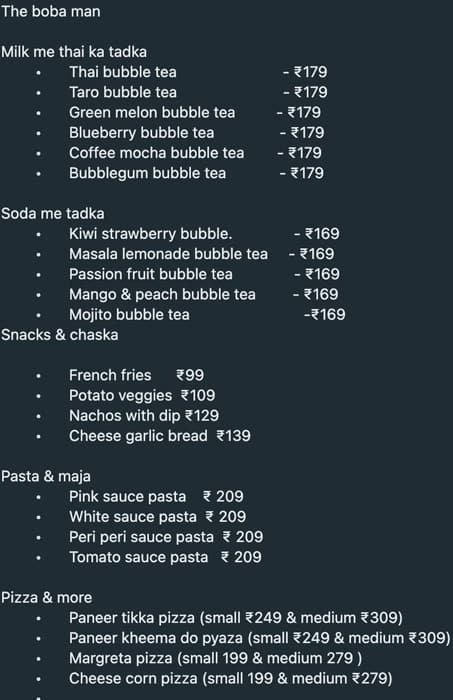 Menu of The Boba Man, Vasai, Mumbai
