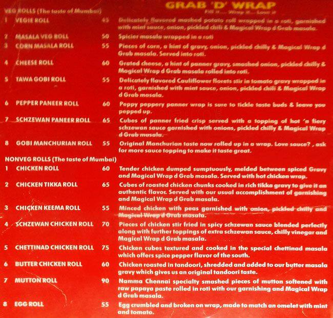 Menu at Grab 'D' Wrap, Chennai, Akshaya Food Court, Ambit IT Park, 1st ...