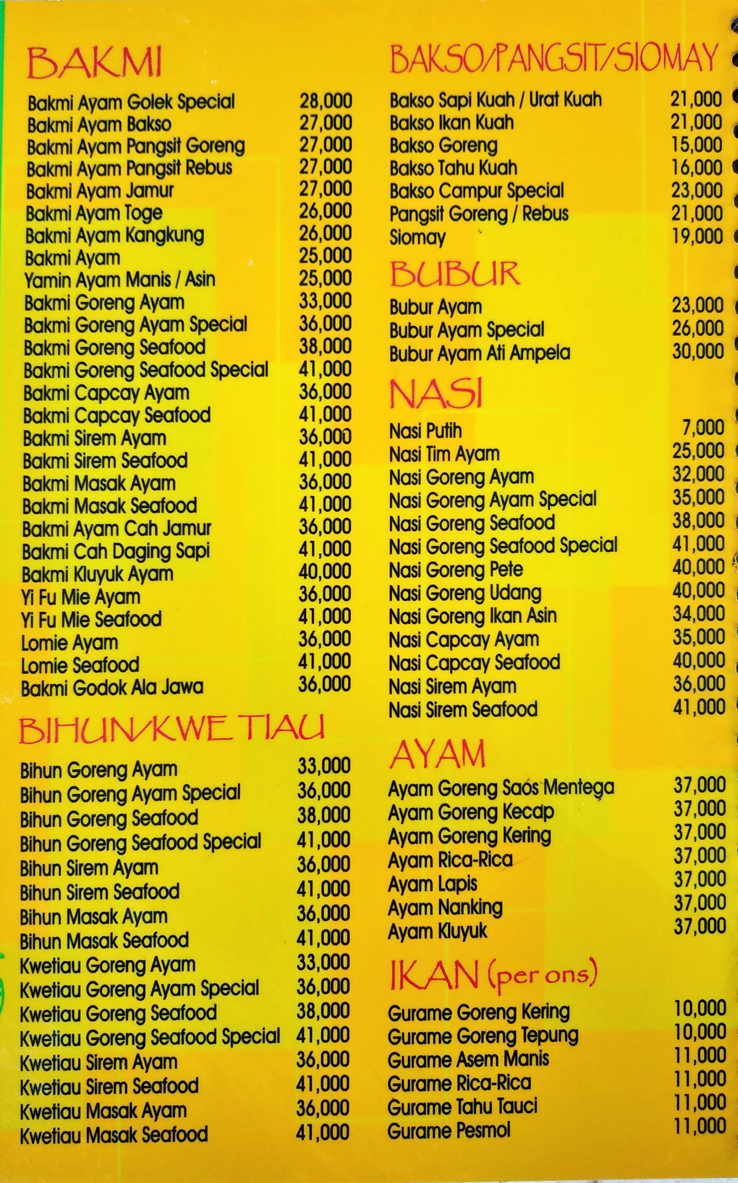 Menu at Bakmi Golek Cawang restaurant, Jakarta, Jl. Dewi Sartika No.310A