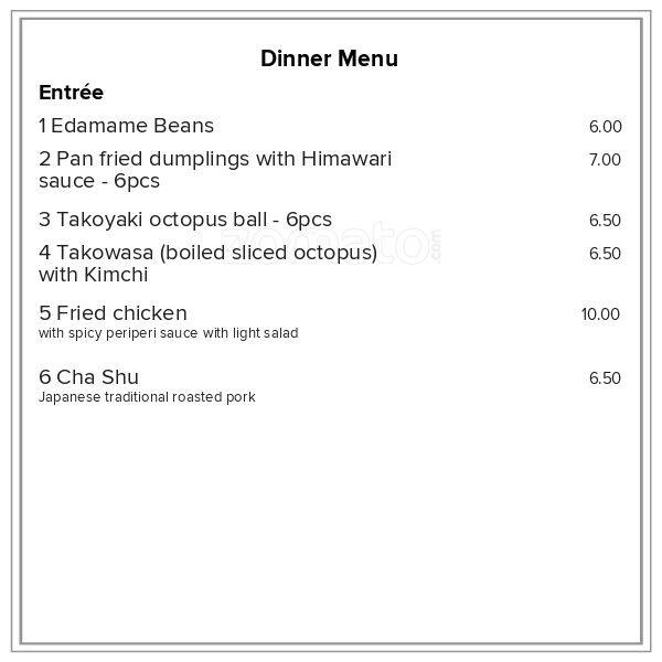 Menu at Himawari Japanese Restaurnat restaurant, Christchurch