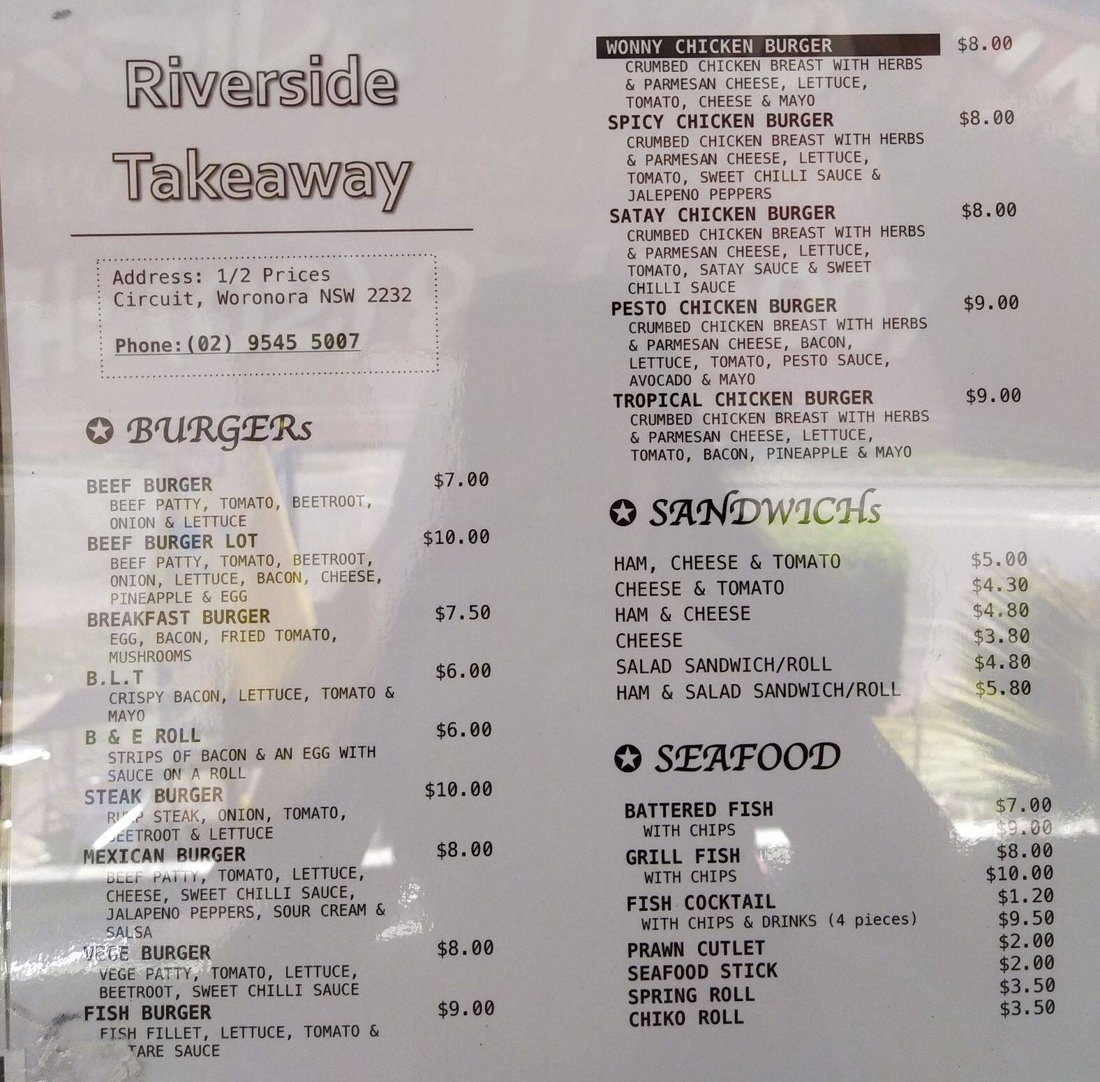 Menu at Riverside Deli Bar Cafe, Parramatta