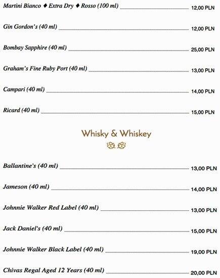 Menu at Leonardo restaurant, Kraków