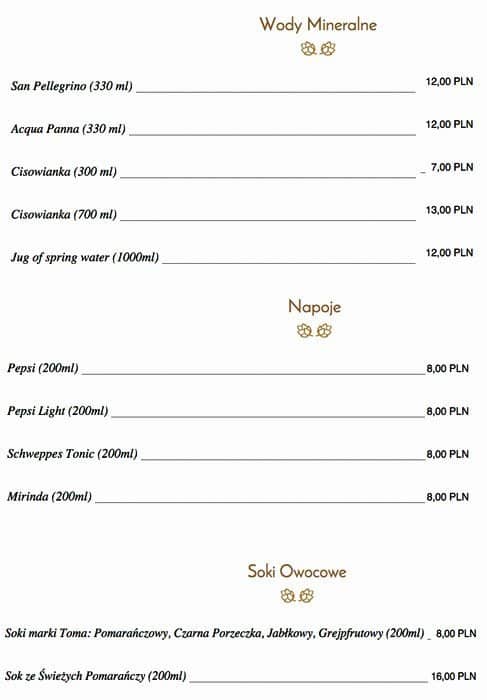 Menu at Leonardo restaurant, Kraków