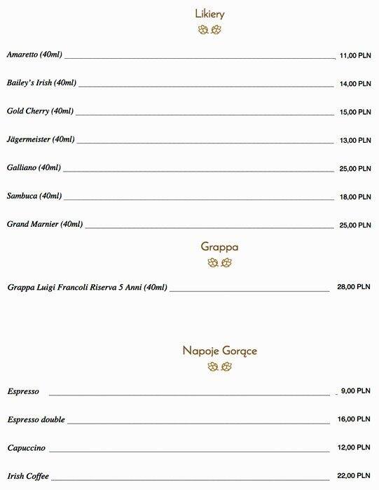 Menu at Leonardo restaurant, Kraków