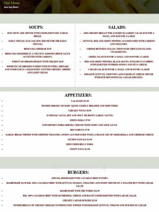 Menu at Java Jazz Cafe & Bistro, New Westminster