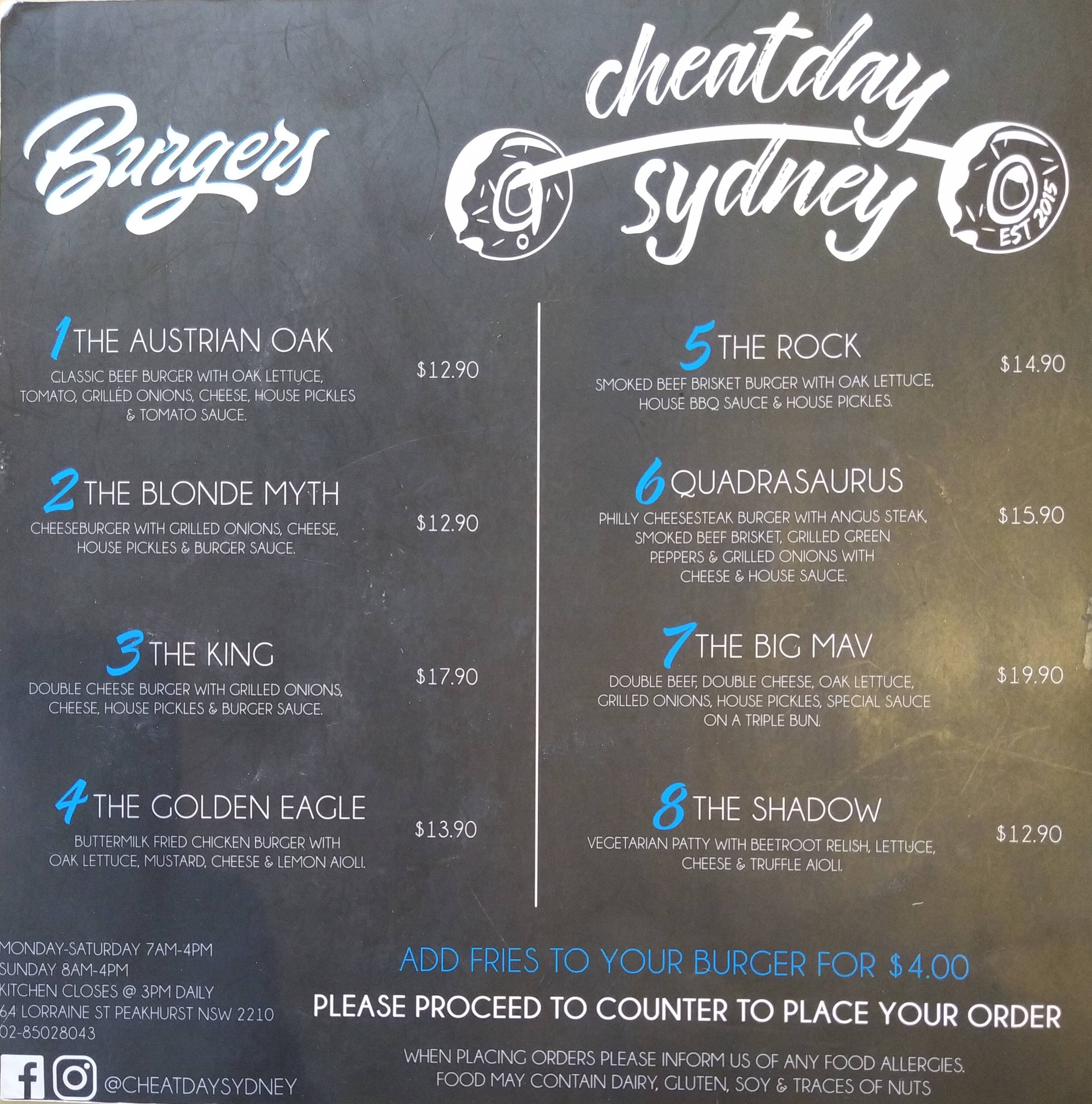 Menu at Cheatday cafe, Peakhurst