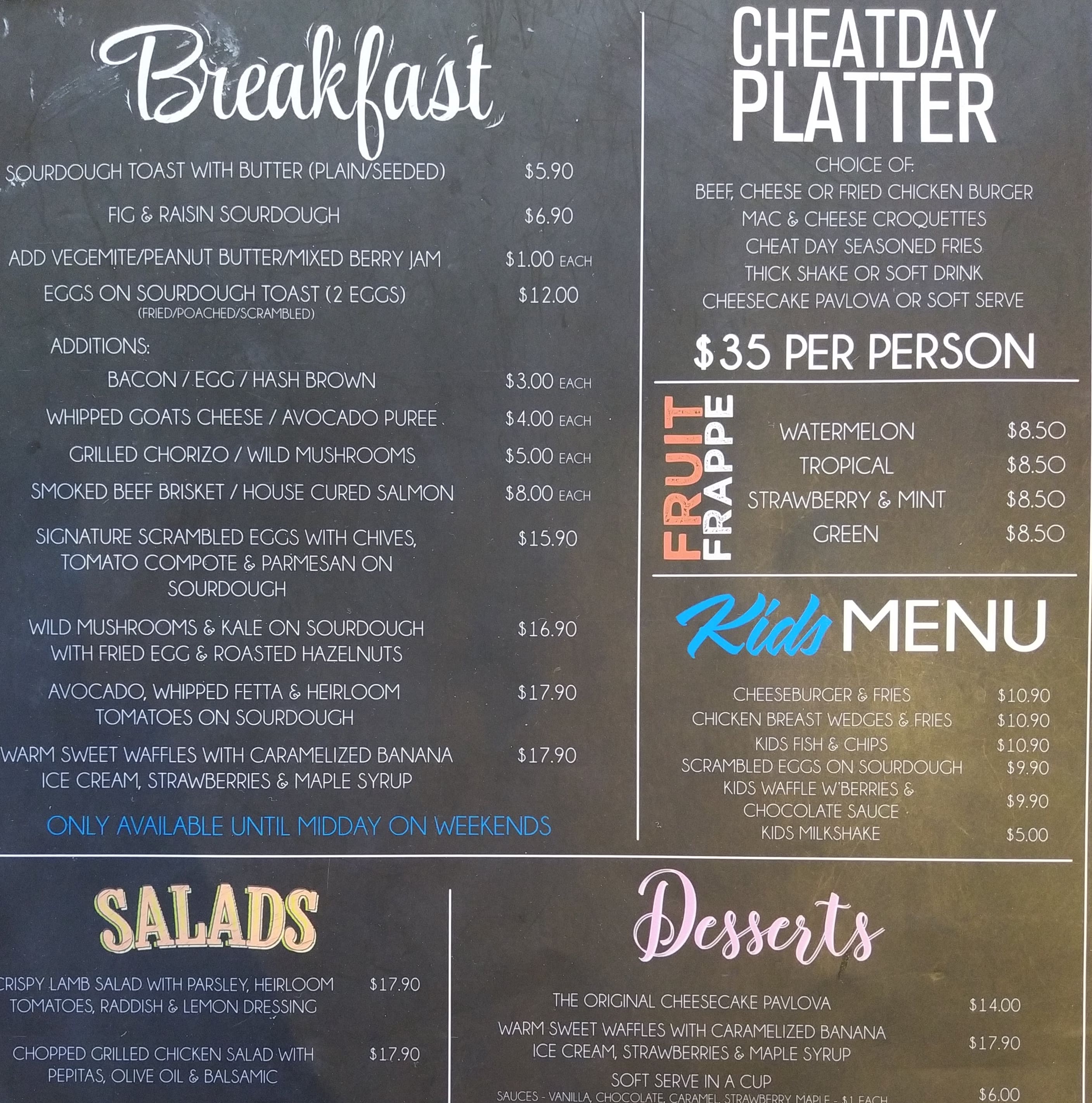 Menu at Cheatday cafe, Peakhurst