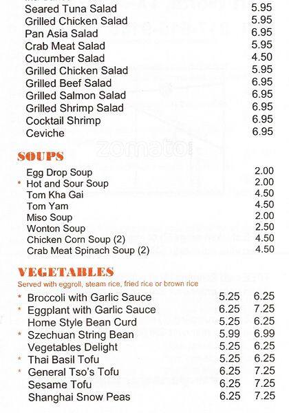 Menu at Pan Asia Cuisine restaurant, Fort Worth