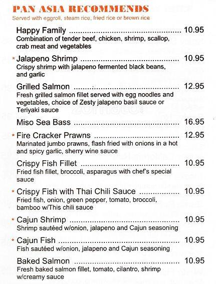 Menu at Pan Asia Cuisine restaurant, Fort Worth