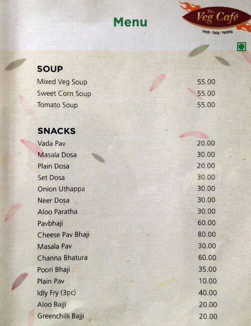 Menu at The Veggie Cafe, Bengaluru