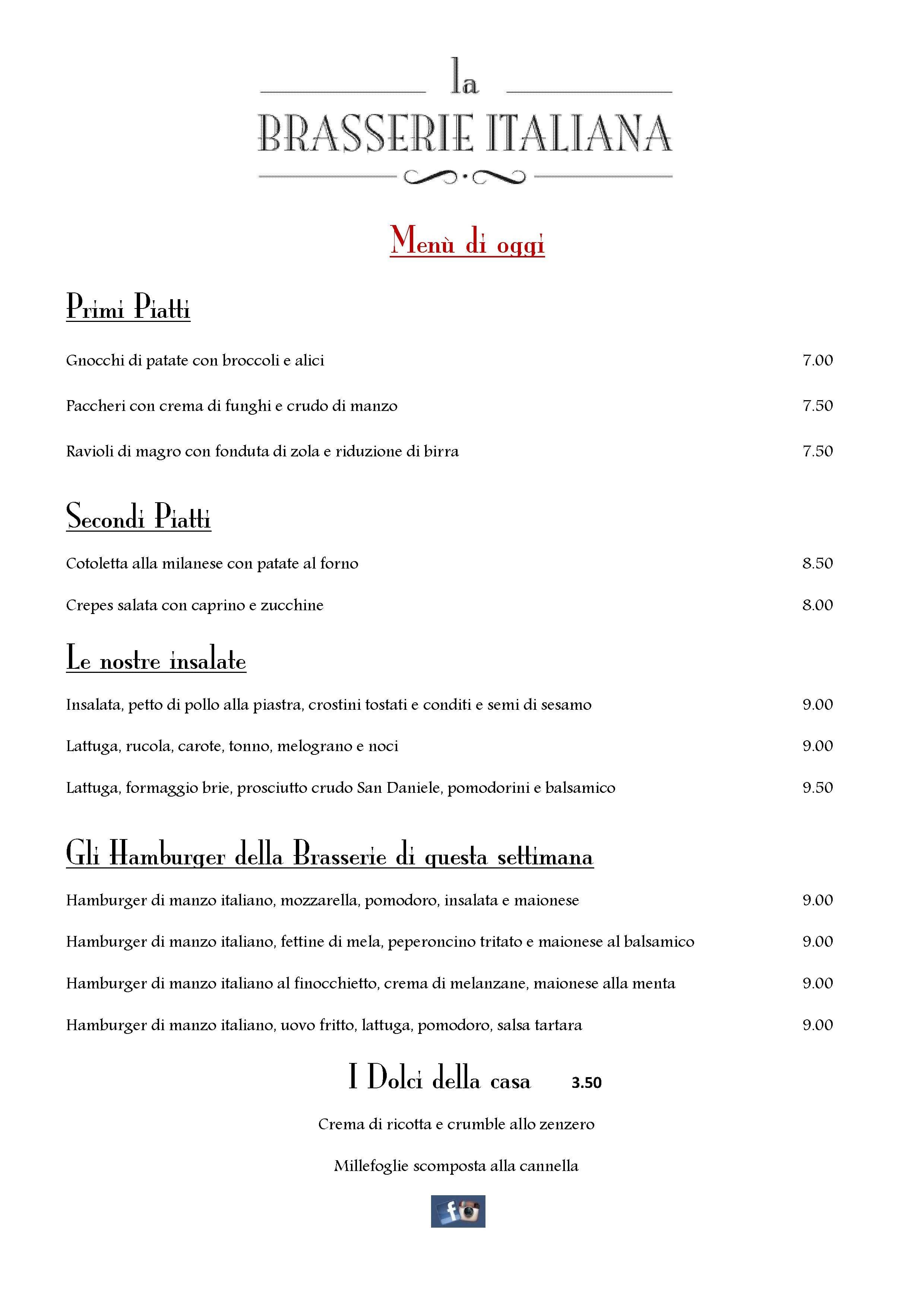 Menu da la Brasserie Italiana ristorante, Milano, Corso Di Porta Nuova 48