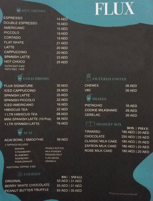 Menu of Flux, Al Warqa, Dubai