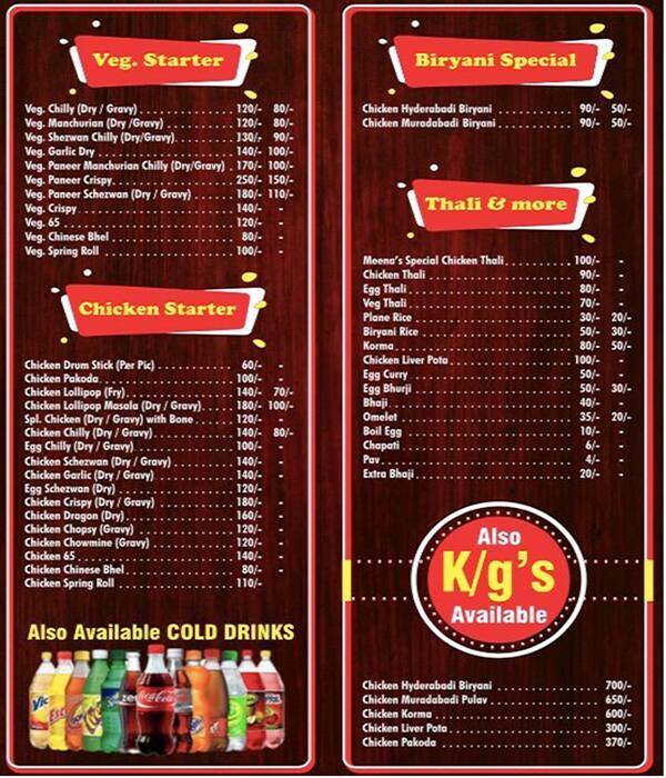 Menu of Meena Chinese Center, Mira Road, Mumbai