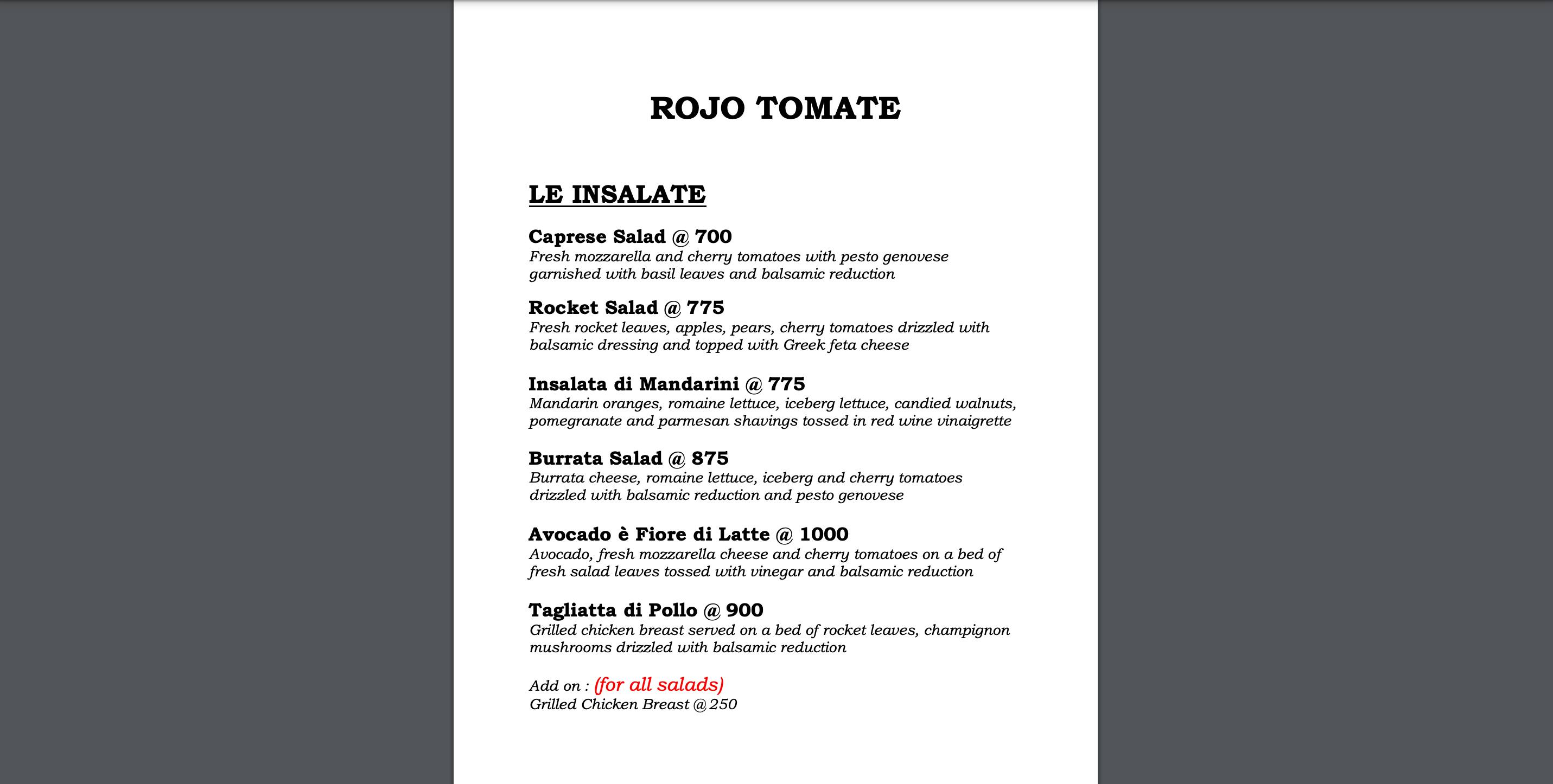 Menu of Rojo Tomate, Sector 70, Mohali