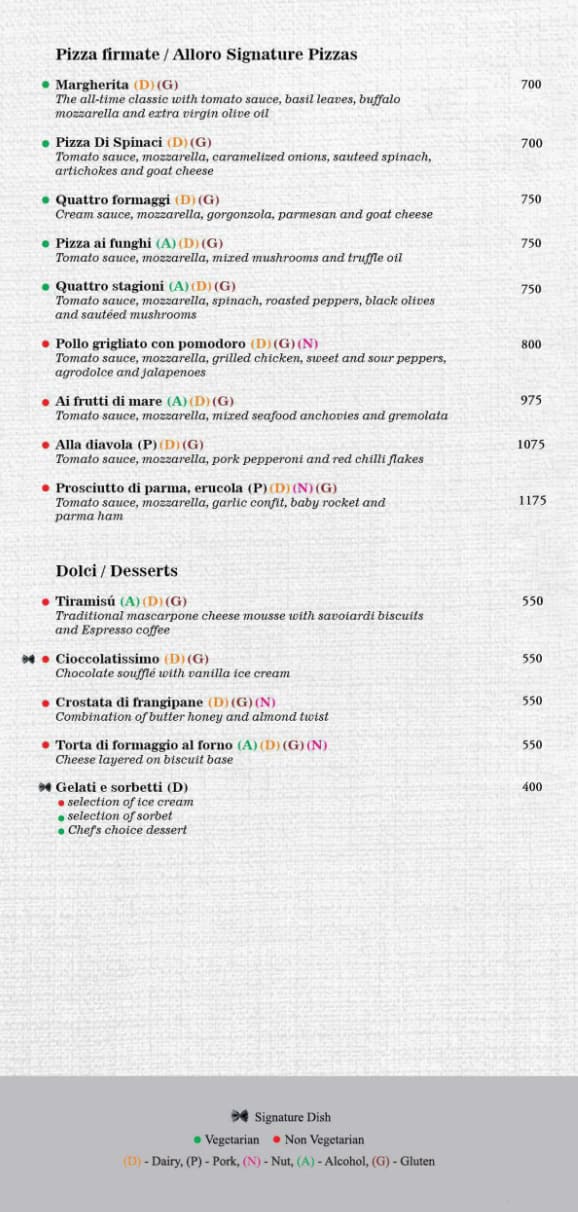 Menu of Alloro - The Oterra, Electronic City, Bangalore