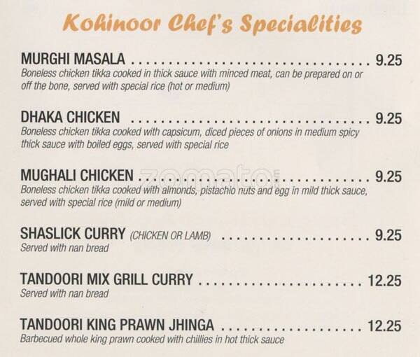 Menu at Koh-I-Noor, London