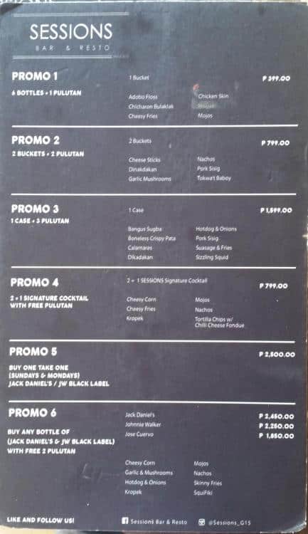 Sessions Bar & Resto Menu, Menu for Sessions Bar & Resto, Old Balara ...