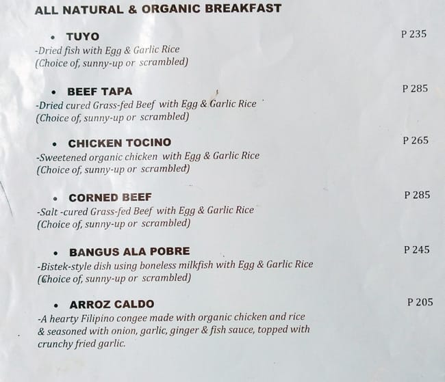 Menu at The Organico Dishes restaurant, Mandaluyong