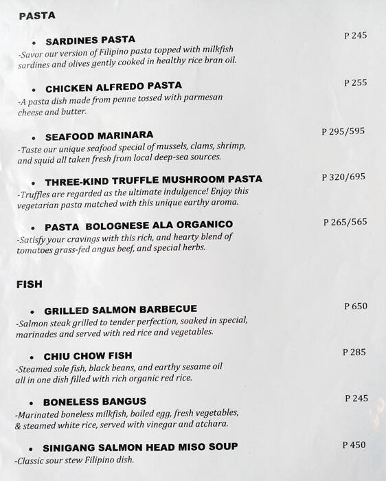 Menu at The Organico Dishes restaurant, Mandaluyong