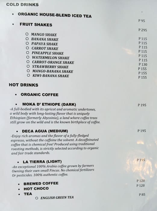 Menu at The Organico Dishes restaurant, Mandaluyong
