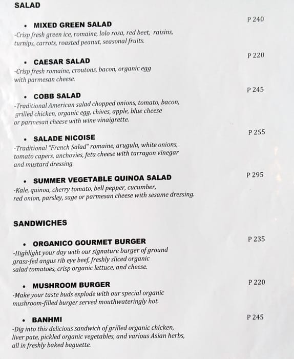 Menu at The Organico Dishes restaurant, Mandaluyong