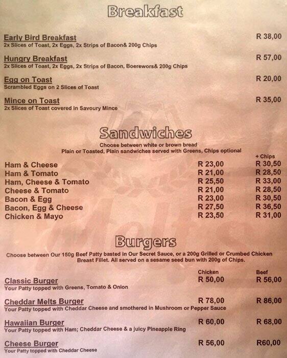 Menu at Melt's Tavern pub & bar, Cape Town