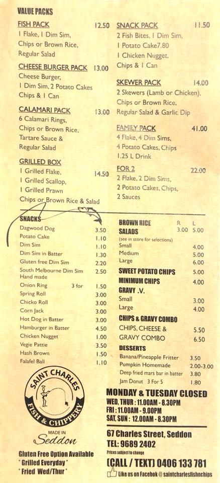 Menu at Charles St Fish & Chips fast food, Seddon