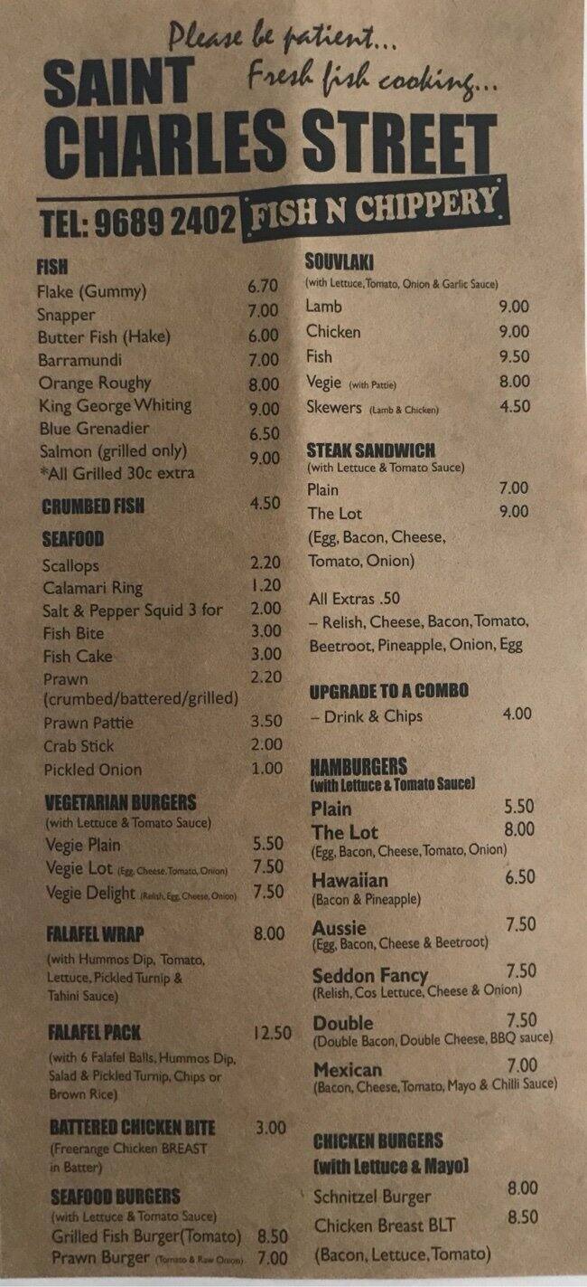 Charles St. Fish & Chips Menu - Urbanspoon/Zomato
