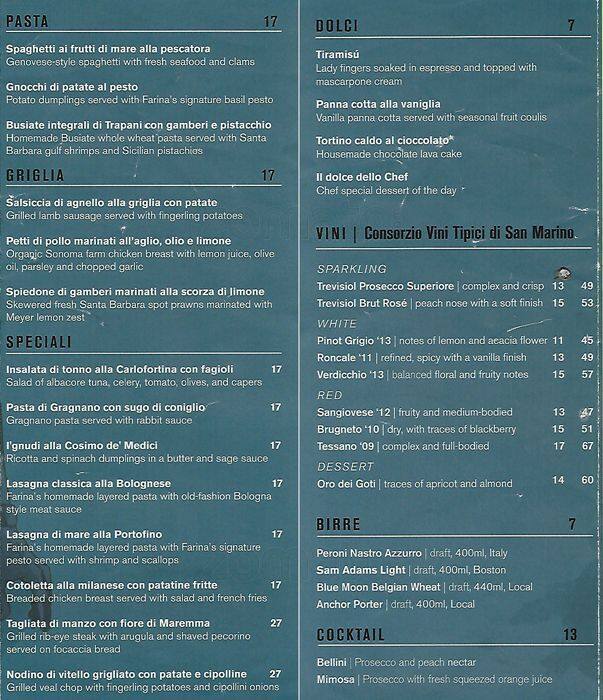 Menu at Farina Pizza pizzeria, San Francisco