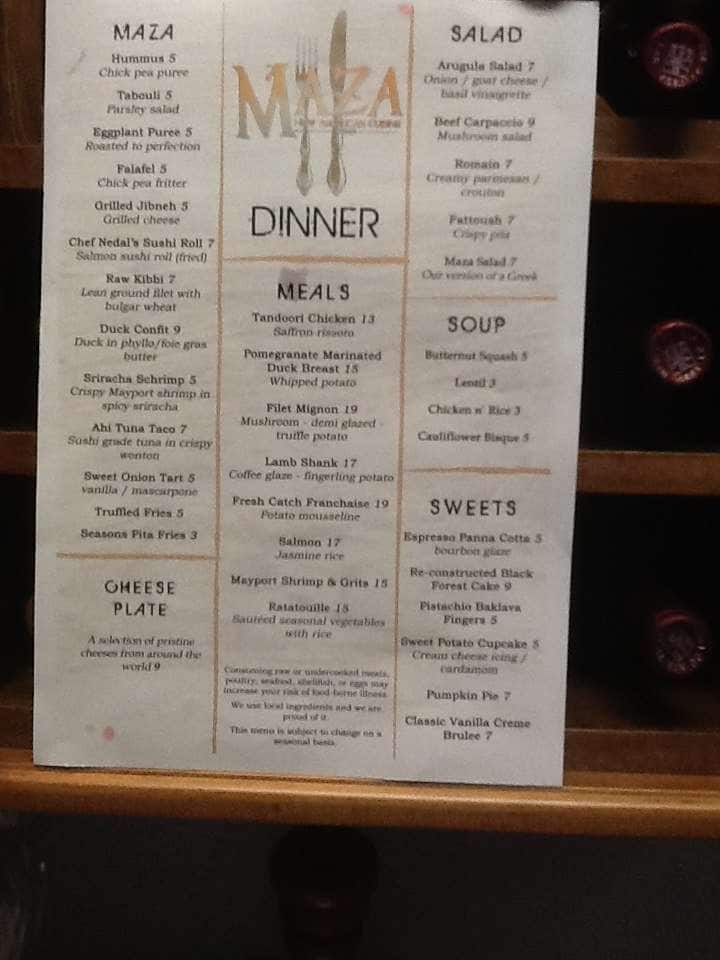 Maza New American Cuisine Menu - Urbanspoon/Zomato