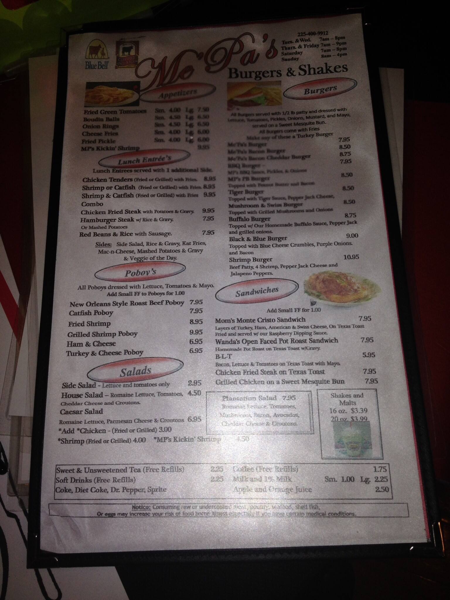 Menu at Me'Pa's Diner restaurant, Central