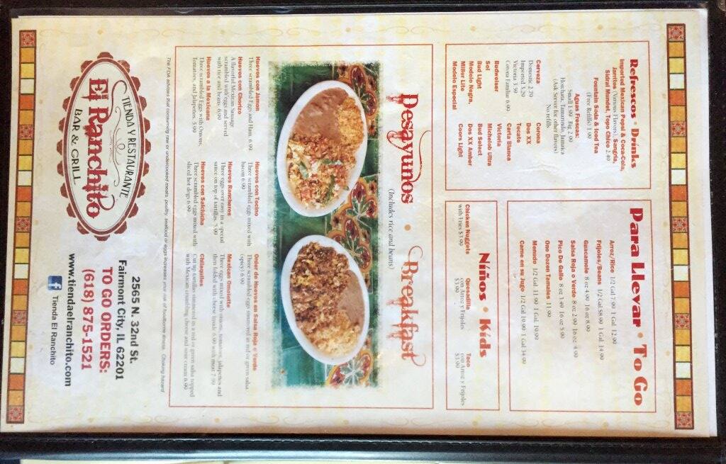 Menu at El Ranchito restaurant, Fairmont City, N 32nd St