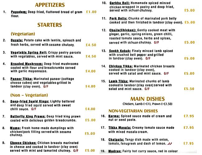 Menu at Gurkha Corner Restaurant, Abergavenny