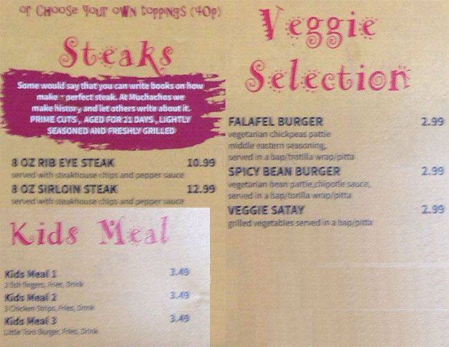 Menu at Muchachos restaurant, Hounslow, West Point
