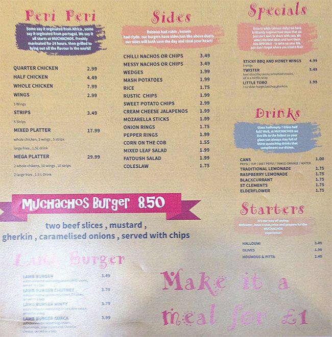 Menu at Muchachos restaurant, Hounslow, West Point