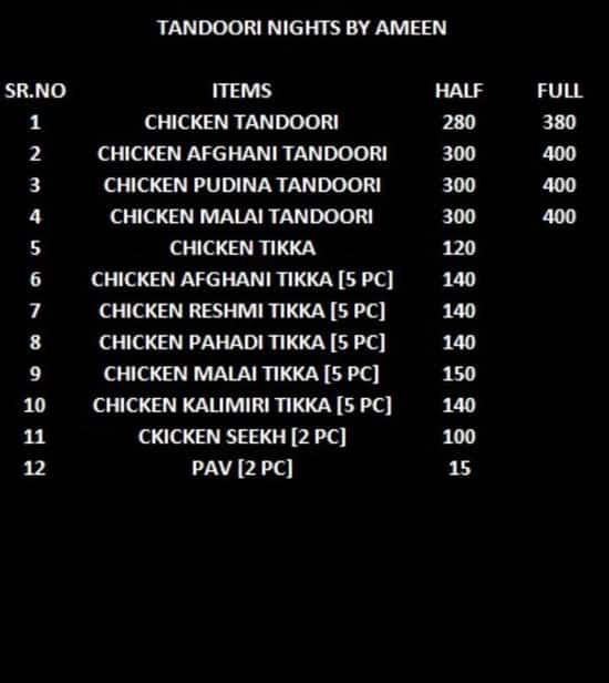 Menu of Tandoori Nights By Ameen, Ulwe, Navi Mumbai