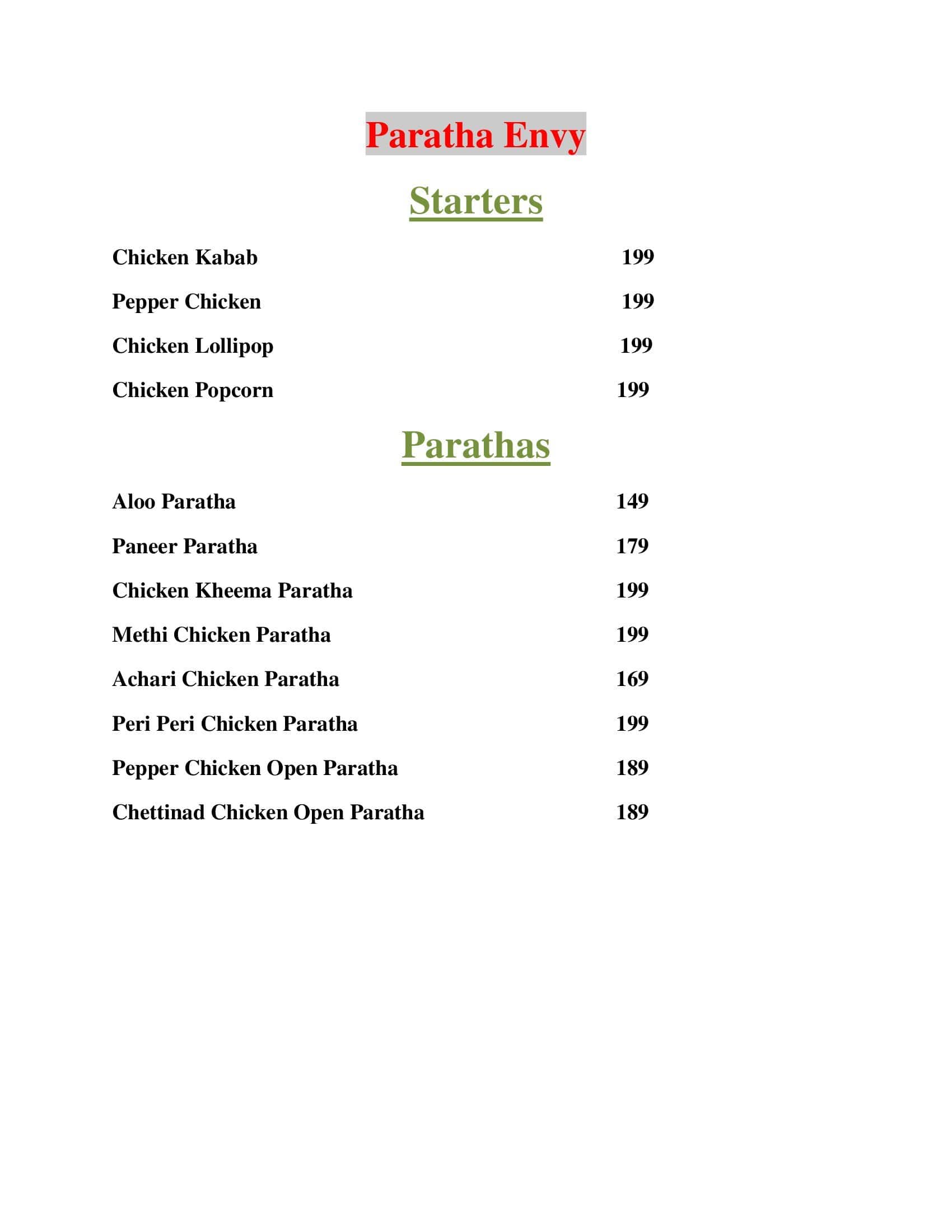 Menu of Paratha Envy, Kanakapura Road, Bangalore