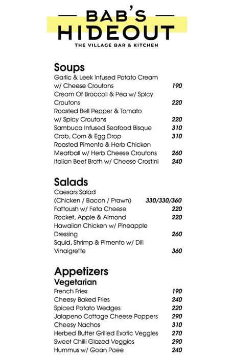 Menu of Bab's Hideout, Benaulim, Goa