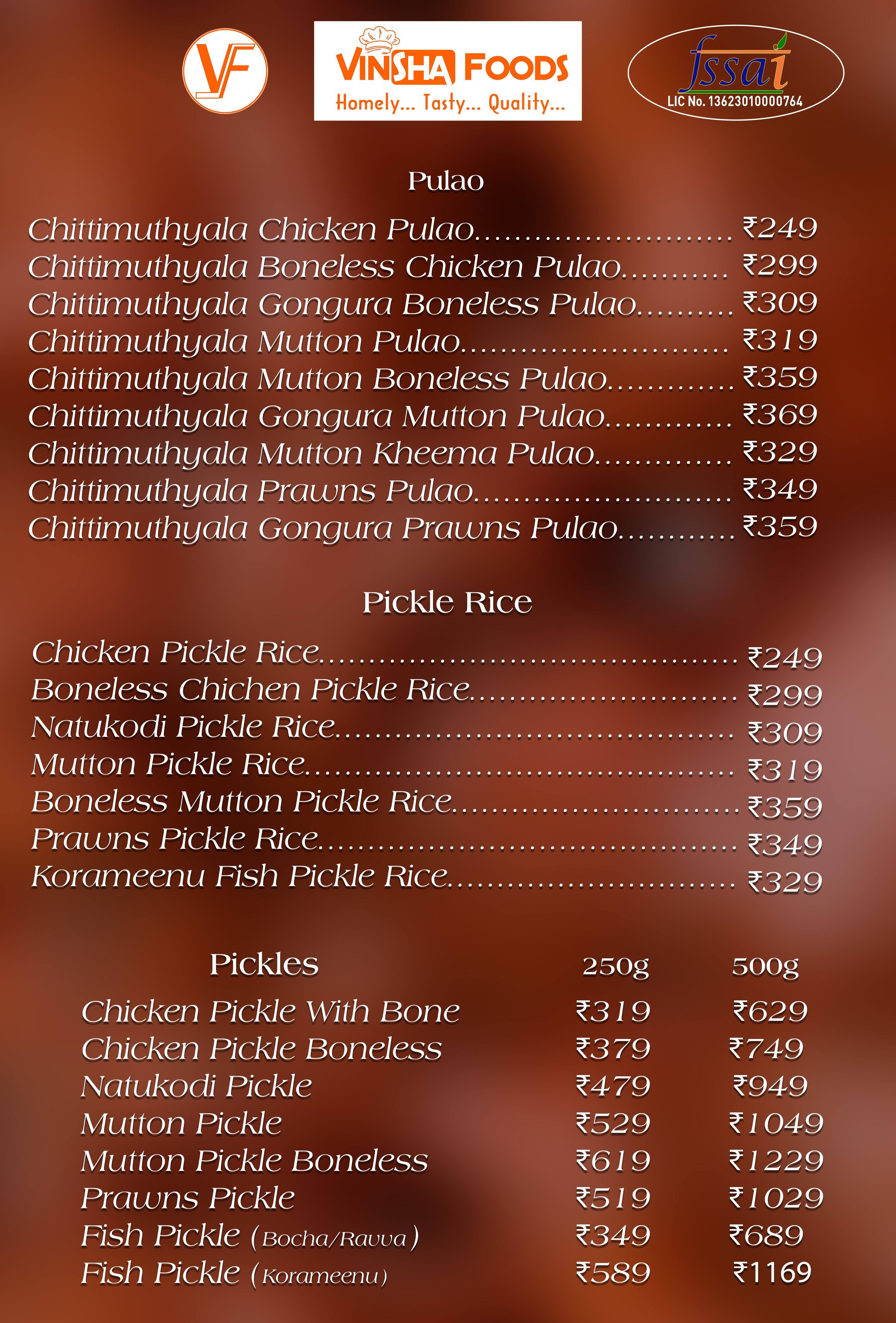 Menu of Vinsha Foods, Manikonda, Hyderabad