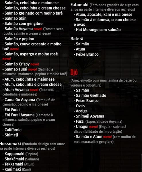 Menu at Aoyama restaurant, São Paulo, R. Dr. Fonseca Brasil