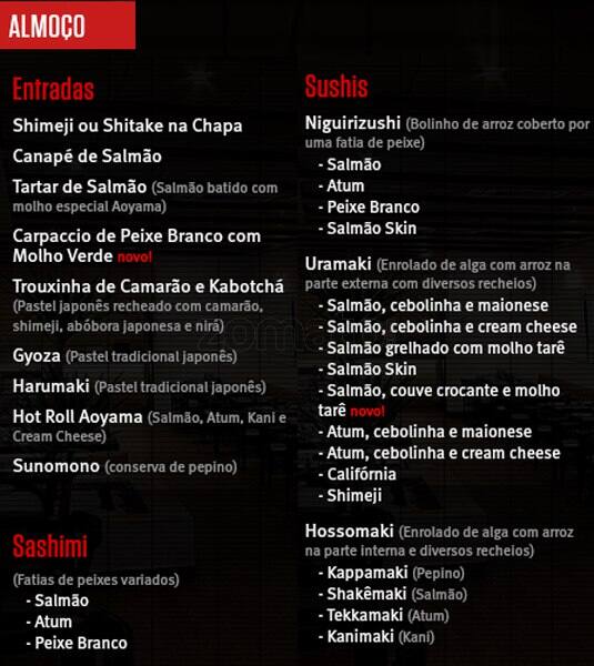 Menu em Aoyama restaurante, São Paulo, Rua Bandeira Paulista 520