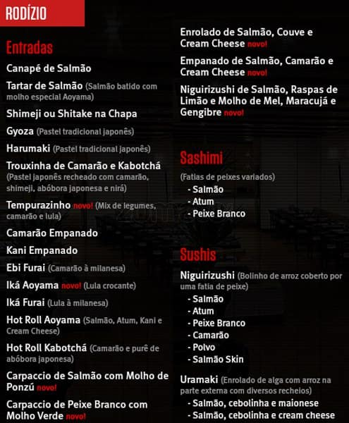 Menu at Aoyama restaurant, São Paulo, R. Dr. Fonseca Brasil